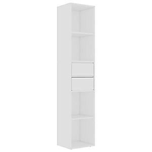 GOLINPEILO Wooden Book Cabinet with 4 Open Shelves and 2 Drawers, Modern Bookshelf for Living Room, White 14.2"x11.8"x67.3" Engineered Wood