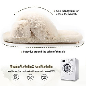 Tonchberry Cross Band Faux Fur Fuzzy Slippers for Women Plush Fluffy Furry Open Toe Slide Slipper for Women Cozy Memory Foam Anti-Skid Sole Indoor Outdoor House Home Bedroom Slippers for Women