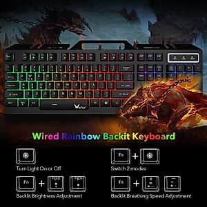 WisFox Wired Keyboard, Computer Keyboard with Rainbow LED Backlit, All-Metal Panel Gaming Keyboard with Phone Holder, Full Size Quiet Warterproof Office USB Keyboard for Desktop, Computer, PC