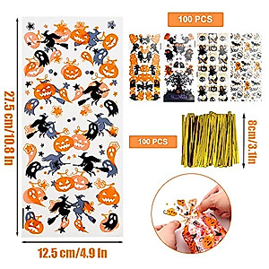 VARACL 100 Pieces Halloween Cellophane Bags, Halloween Clear Plastic Treat Bags Candy Cookies Goody Bags with Twist Ties for Halloween Party Favor Supplies