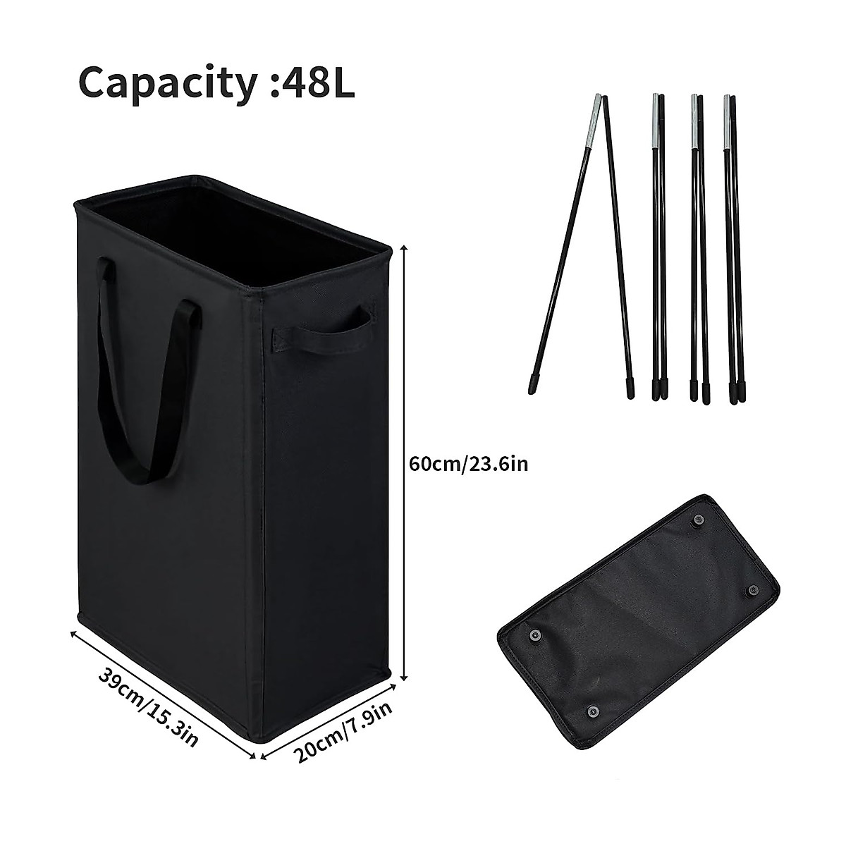 HMFULE Narrow Laundry Basket, Slim Laundry Hamper with Handle，Portable Storage Hamper 48L Foldable for Laundry Room, Dorm and Bedroom (Black)