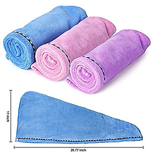 YesTree 3 Pack Microfiber Hair Towel Wrap for Women, 11 inch * 26 inch Fast Drying Hair Turban Soft, Anti Frizz Hair Wrap Towels for Drying Curly, Long & Thick Hair (Rose Red & Blue & Purple)