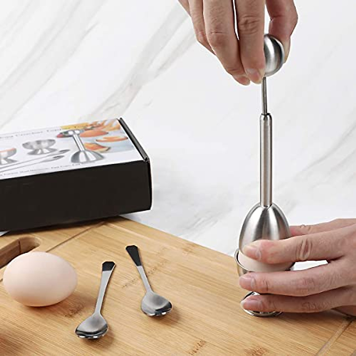 Xicennego Egg Cracker Topper Set of 5 - Includes 2 Egg Cups, 2 Spoons and 1 Cutter - Stainless Steel Easy Egg Opener