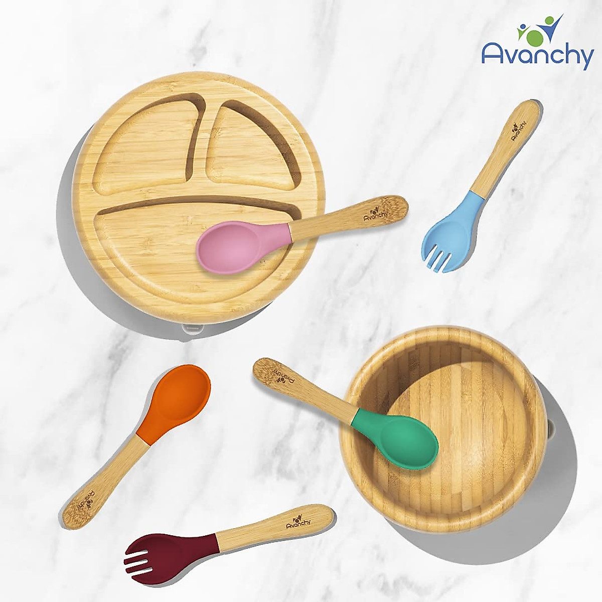 Maven Gifts: Avanchy Baby Feeding Gift Set – Bamboo Stay Put Suction Bowl with Spoon, Blue, and Bamboo Stay Put Suction 3-Section Plate with Spoon, Blue– Ages 6 Months and Up