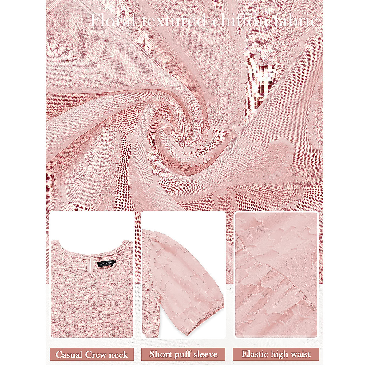 MEROKEETY Summer Dress for Women Elegant Smocked Short Puff Sleeve Floral Solid Midi Maxi Dresses,Pink,L