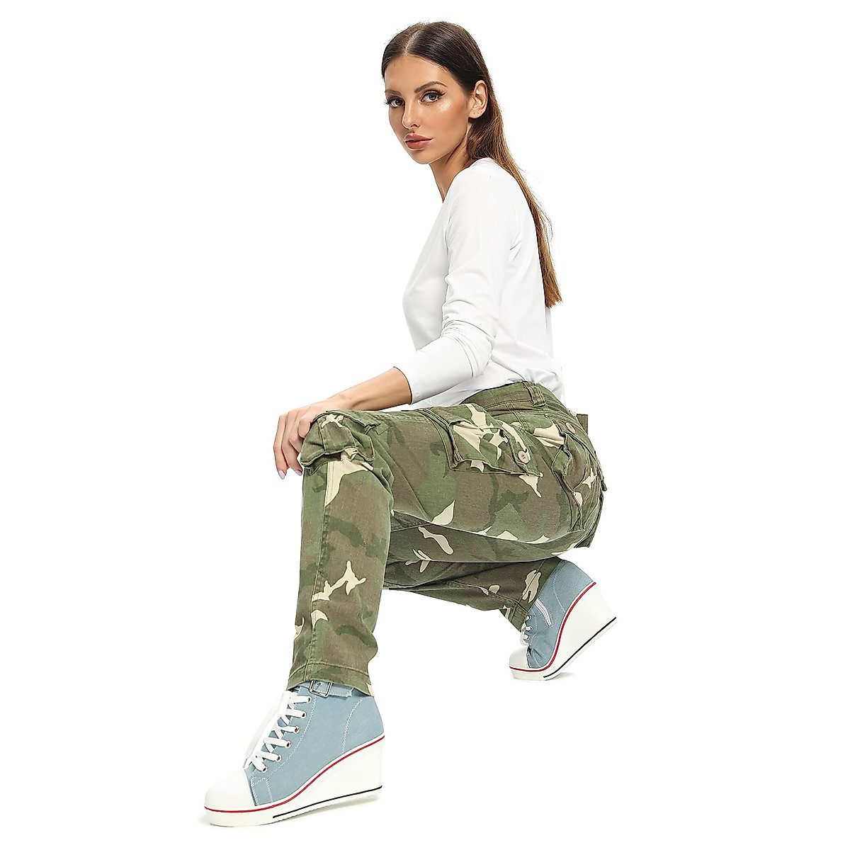 Mesinsefra Womens Cargo Pants with Pockets Outdoor Casual Ripstop Camo Military Combat Construction Work Pants Camo 34-10