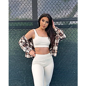 OQQ Women's 2 Piece Yoga Leggings Ribbed Seamless Workout High Waist Athletic Pants Black Beige