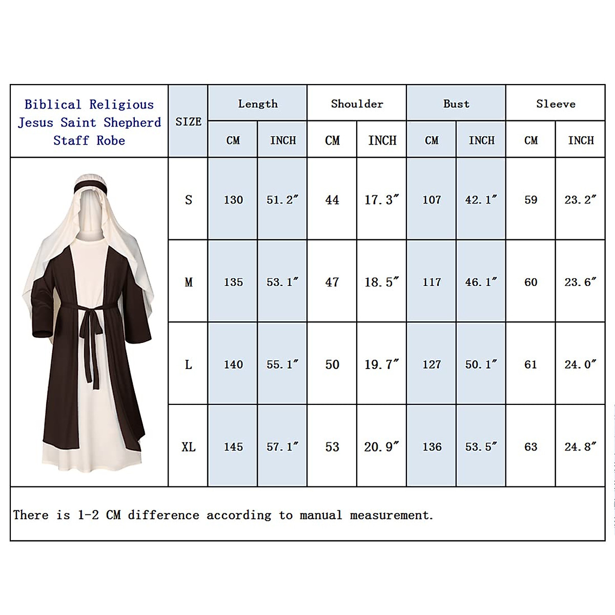 Irtysh Mens Biblical Saint Joseph Costume Jesus Robe Sherherd Costume Staffs Headwrap Hat Waist Rope Set(Brown M)