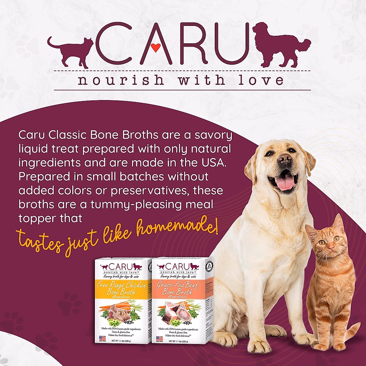 Caru Classics Free Range Chicken Bone Broth for Dogs & Cats - 1.1 Lbs Each - 6 Pack