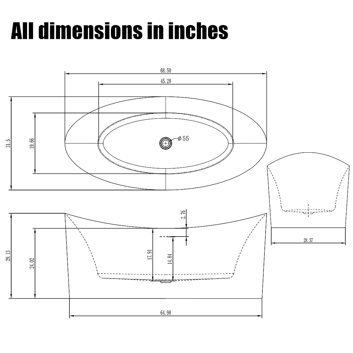 HEATGENE 68.5 Inches Acrylic Freestanding Bathtub Oval Modern Bathtub Contemporary Soaking Tub Easy to Install UPC Certified Drain & Overflow Assembly Included, Black