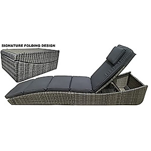 BTEXPERT Foldable Outdoor Chaise Pool Lounge Chair Folding Wicker Rattan Sun Bed Patio Couch Reclining Lounger Adjustable Padded Backrest Pillow Assembled Set of 2, Grey - Two Piece