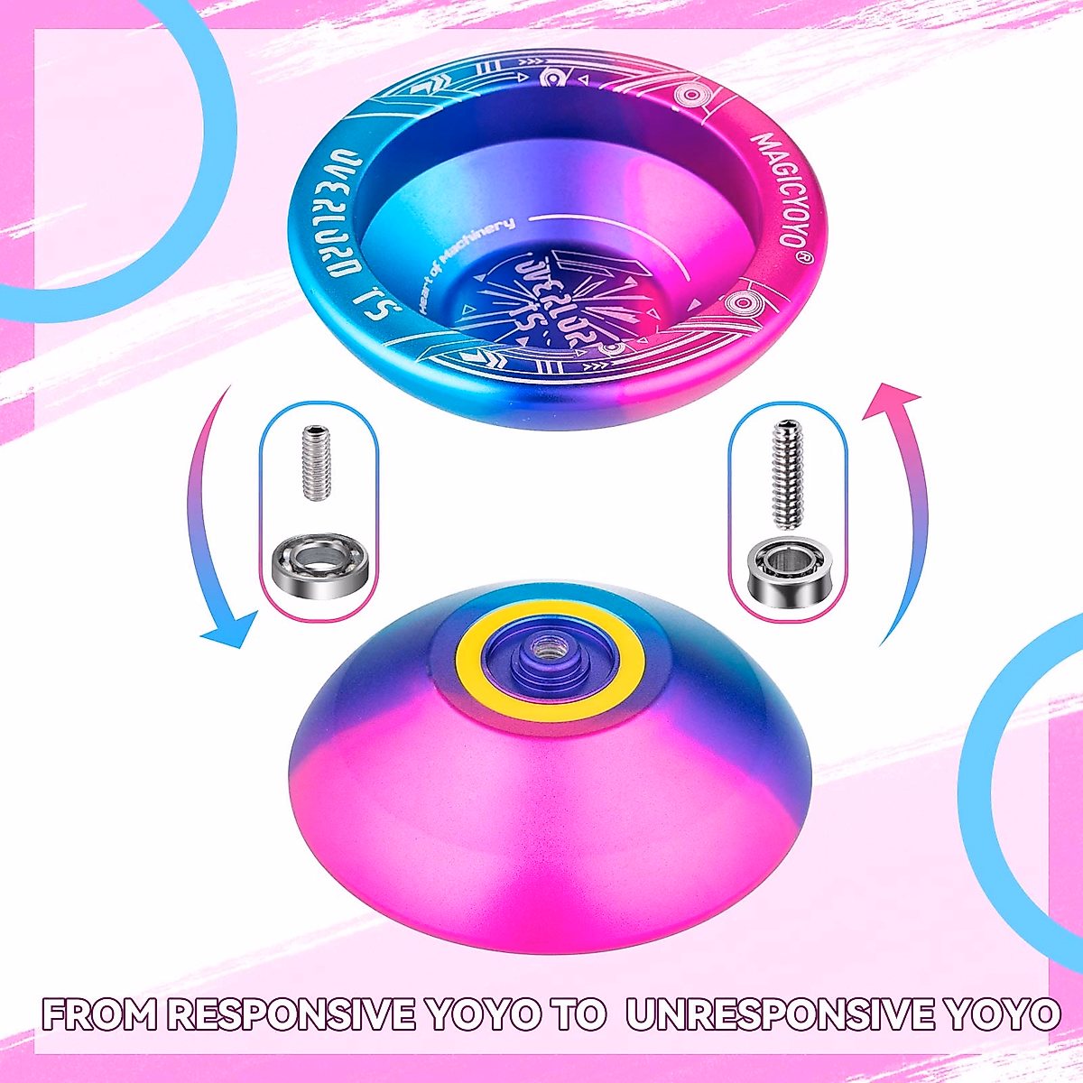 YOSTAR Yoyo T5 Overlord Unresponsive Yoyo for Kids/Adults, Dual Purpose Metal Yoyo Professional with Responsive Yoyo Bearing for Beginners + 12 Yoyo Strings + Yoyo Case Bag (Blue Pink Gradient)