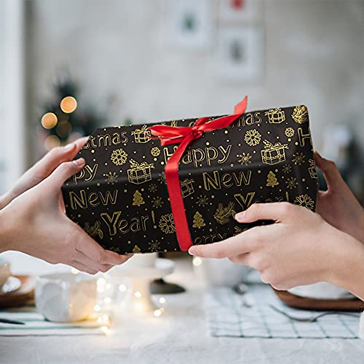 Rancco Christmas Wrapping Paper w/ 4 Pcs Gift Tag Stickers, 6 Metallic Glossy Gift Wrapping Paper w/Snowflake, Candy Cane, Christmas Trees, Happy New Year Pattern for Xmas Gift Wrap, 27.6x19.7/sheet