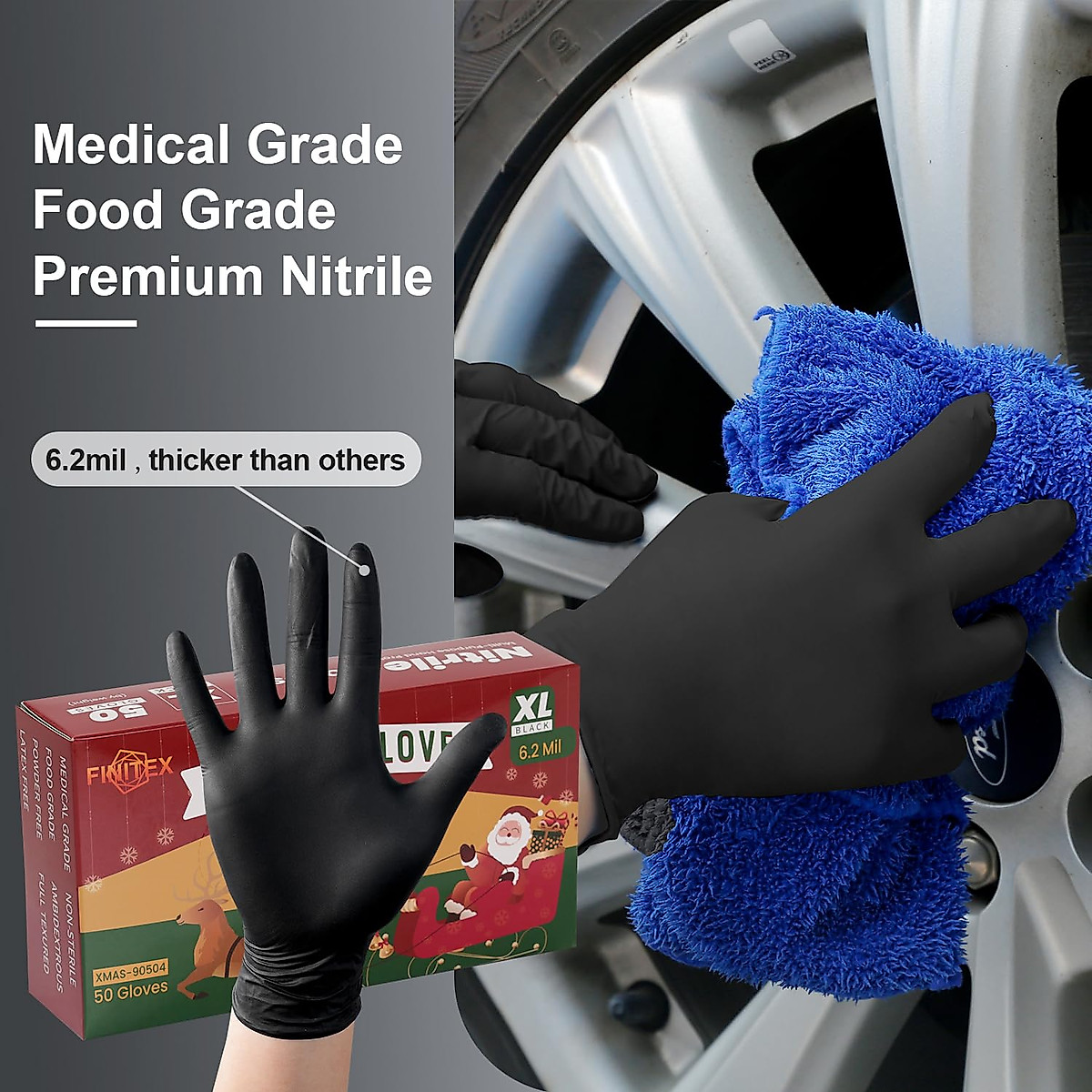 FINITEX Black Nitrile Disposable Latex Free Gloves - 6.2mil 50PCS Powder Free Gloves Christmas Cleaning Medical Exam Food Gloves (X-Large)
