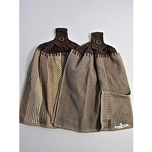 Set of 2 Brown & Tan Doubled Chevron Design Hanging Kitchen Towels with Brown Cotton Crochet Top - Best Quality
