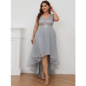 Ever-Pretty Womens Double V Neck A Line High Low Sequin Tulle Plus Size Formal Dresses for Curvy Women Silver US16