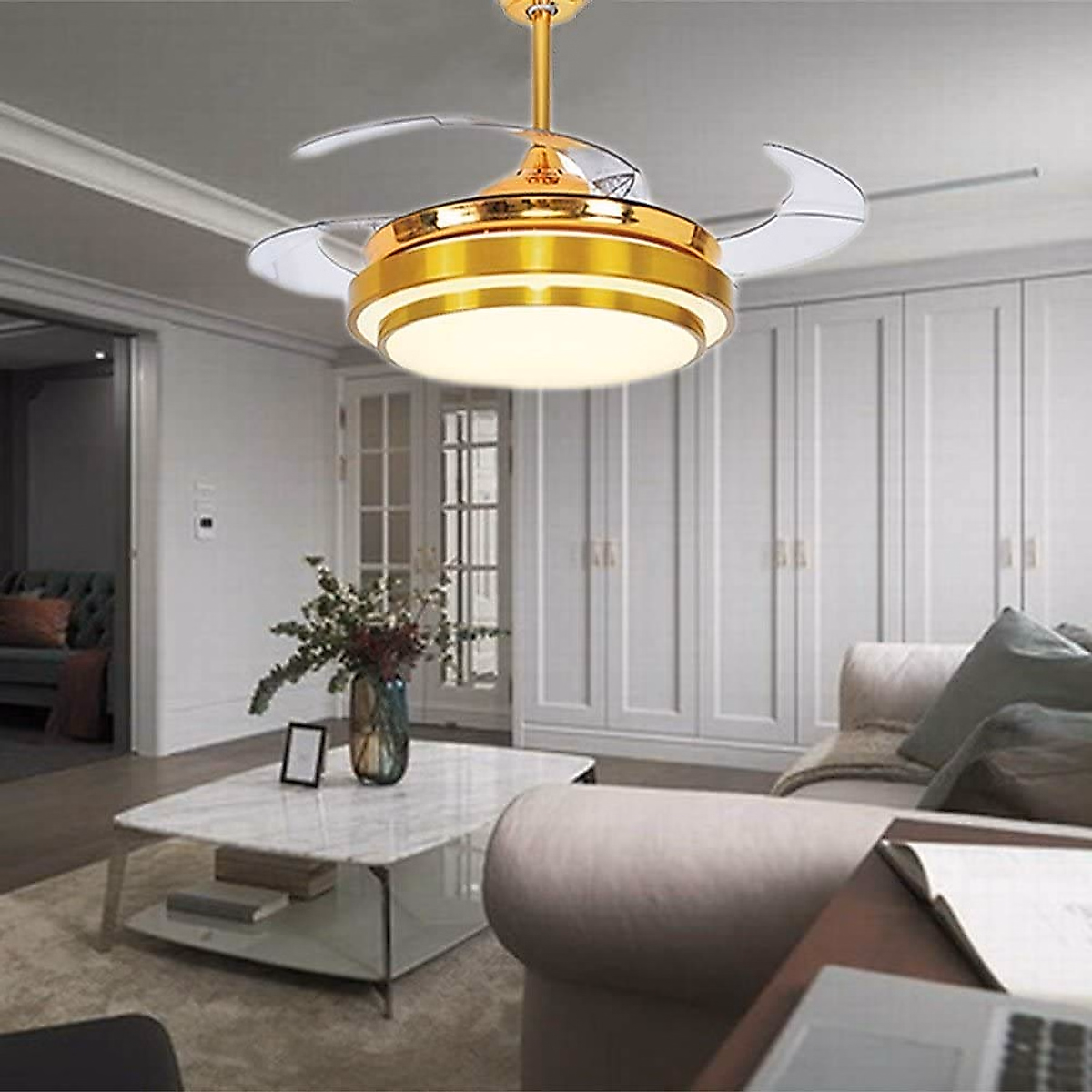 Lighting Groups 42" Retractable Reversible Ceiling Fans with LED Light Remote Control 4 Invisible Clear ABS Blades Livingroom Diningroom Fan Chandelier Indoor Ceiling Light Kits with Fans (Gold-01)