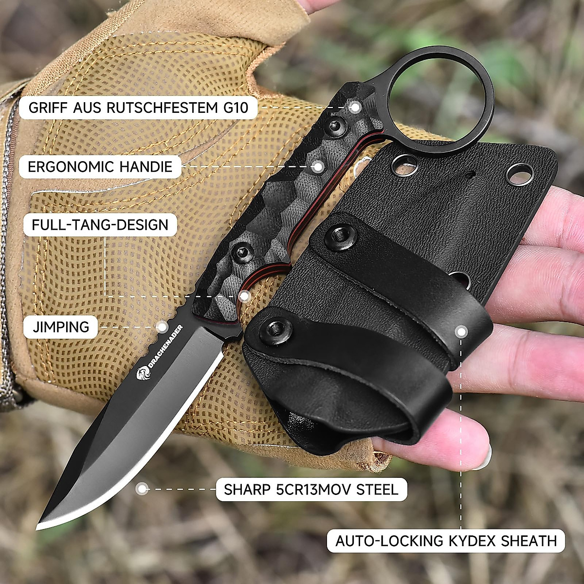 DRACHENADER EDC Fixed Blade Knife with Sheath 7.08" Small Horizontal Carry Knife with Kydex Sheath, Full Tang 5Cr13mov Stainless Steel, Black, Men Gifts for Birthday, Christmas, Father's Day