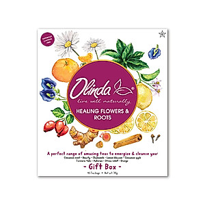 Olinda Healing Flowers & Roots Gift Box, 45 Tea Bags, Cinnamon Mint, Beauty, Chamomile, Lemon Blossom, Cinnamon Apple, Turmeric, Valerian, Stress Relief and Orange Teas - 1 box