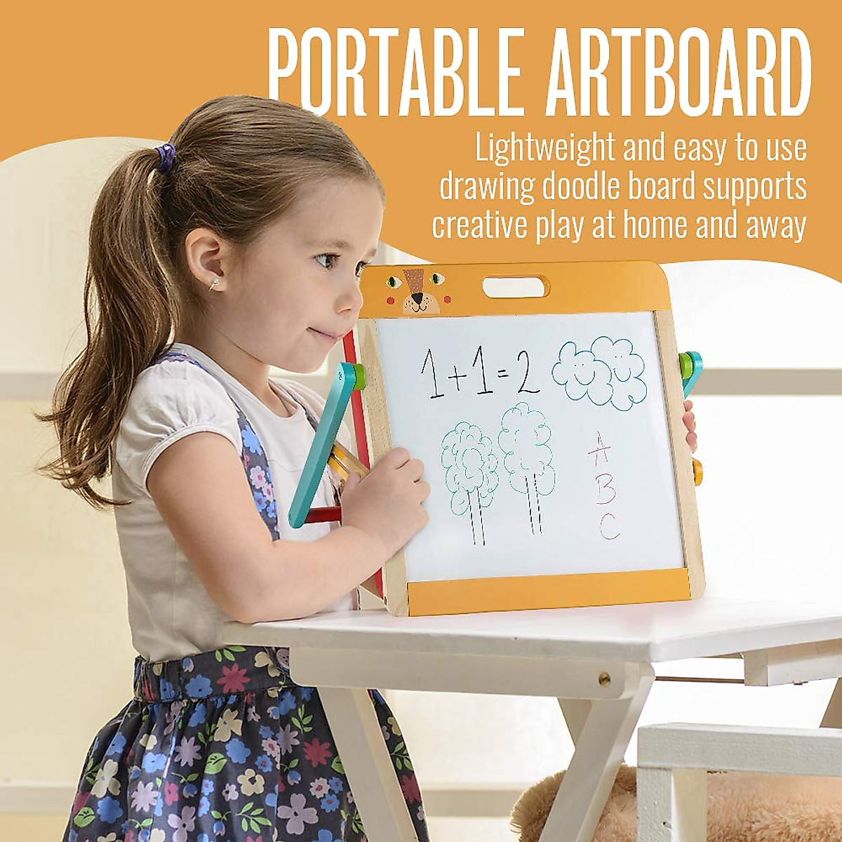 Children's Wooden Tabletop Easel with Double-Sided Magnetic Whiteboard & Chalkboard, Arts & Crafts Portable Easel Includes Dry Erase Marker, Chalk, Magnetic Letters & Extra Magnets, Ages 3 and Up