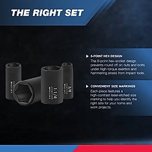 Neiko 02476A 1/2" Impact Socket Set, 14 Piece 6 Point Impact Set, Standard Impact Socket Set, SAE Sizes (3/8-Inch to 1-1/14") Cr-V Steel, Deep Socket Set 1/2 Drive