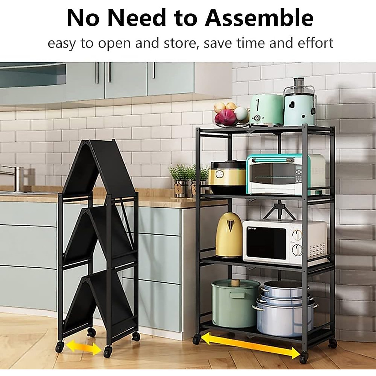 4-Shelf General Purpose Collapsible/Foldable Shelving Unit, Sturdy Storage Rack with Caster Wheels. 4-Tier Organizer, Laundry/kitchen storage shelves, Heavy Duty Metal Frame, No Assemble Needed, White