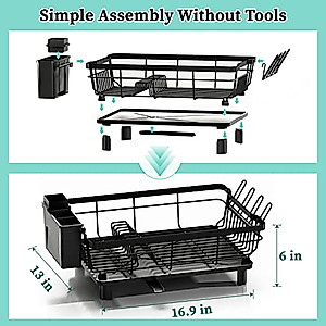 BUDO Dish Drying Rack, Stainless Steel Plate Rack with Drainboard, Removable Utensils and Cup Storage Holder, 360° Swivel Spout for Kitchen Counter (Black)