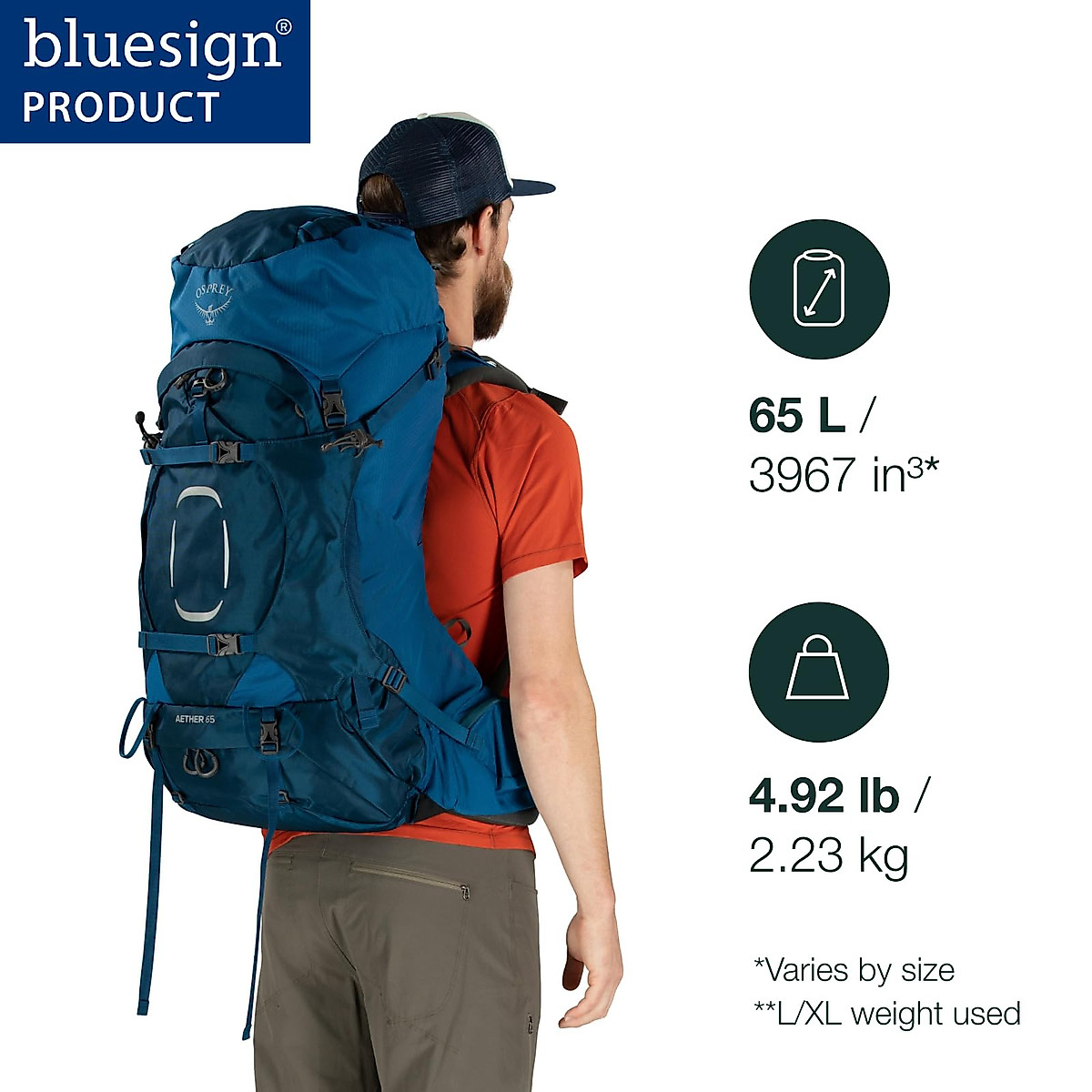 Osprey Aether 65 Men's Backpacking Backpack Deep Water Blue, Large/X-Large