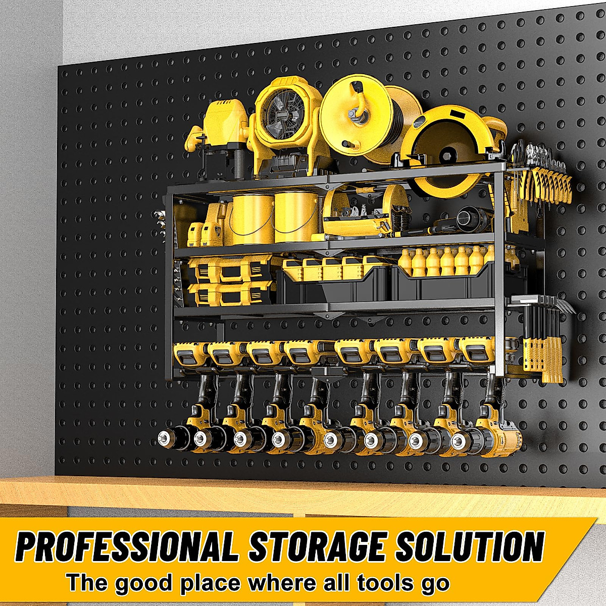 jsyonii Power Tool Organizer Wall Mount, 4 Layer Heavy Duty Metal Power Tool Storage Rack with 8 Drill Holders, Heavy Duty Metal Garage Tool Shelf with Wrench Hammer Pliers Screwdriver Holder