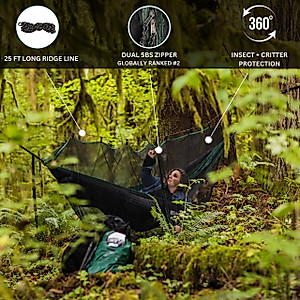 Camping Hammock with Bug Net and Rain Fly – Durable Ripstop Nylon Construction with 12’ Tree Straps, 5kn Carabiners, Tent Stakes and Waterproof Carry Bag