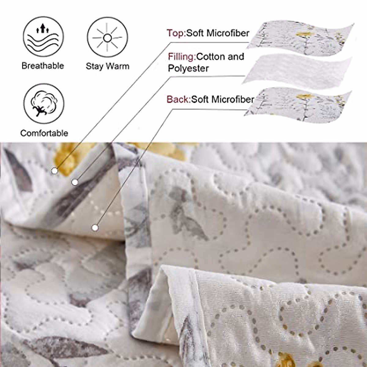 Quilt Set Queen Floral Bedspread Coverlet Queen Floral Quilts Bedding Spring Summer Lightweight Quilts Bedspread Reversible Bedding Grey Leaf Yellow Floral Quilt Collection Bedspread with Pillow Shams