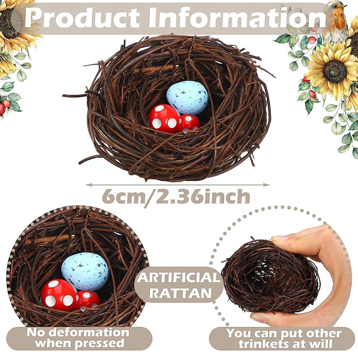 12 Pcs Artificial Bird Nest Easter Handmade Natural Rattan Bird Nests for Easter Garden Yard Home Crafts Party Wedding Patio Succulent Planter DIY Terrarium Moss Landscape (2.36 Inch)