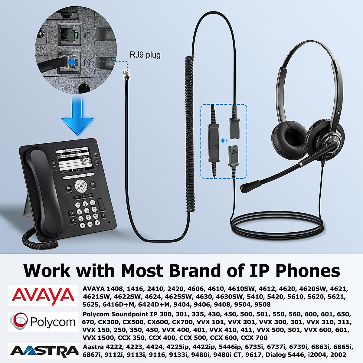 Phone Headset with RJ9 Jack for Office Phones Dual Ear Call Center Telephone Headset with Microphone Noise Canceling Working from Home Headset for Avaya 1408 Aastra 6753i Fanvil Polycom Gigaset 3Com