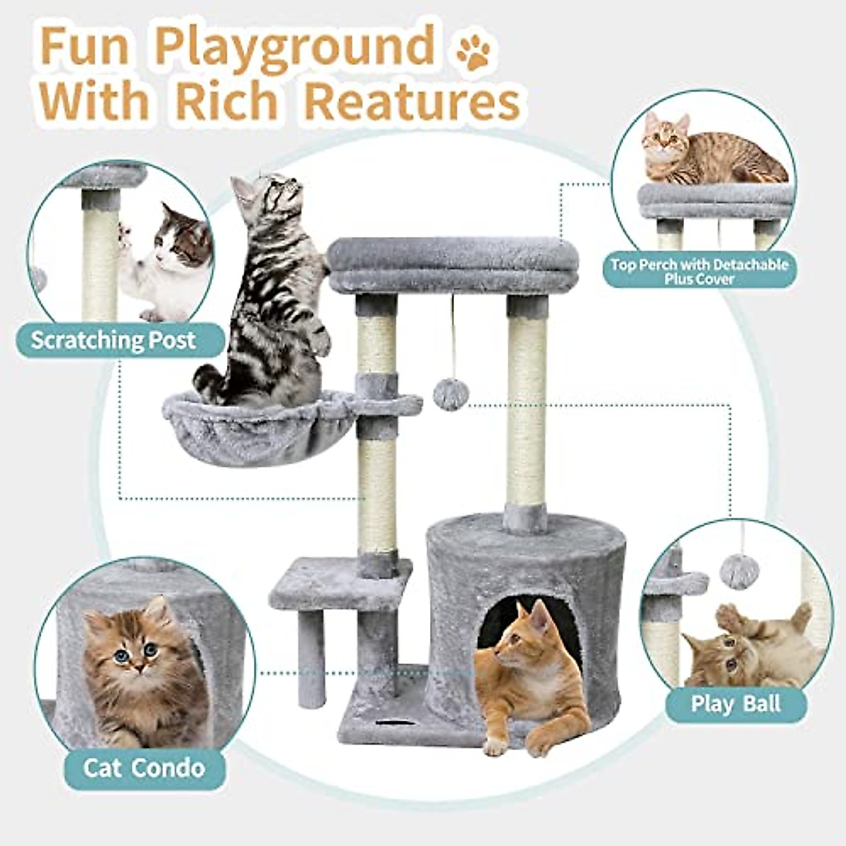 KIYUMI Cat Tree Cat Tower Condo with Sisal Scratching Post for Indoor Cats Cat Tree Cat Furniture with Hammock Perch and Kitten Ball Toys, Multi-Level Pet Activity Center