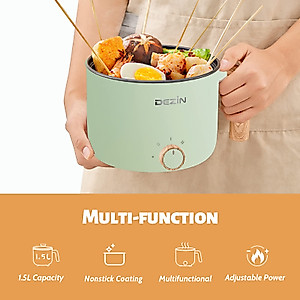 Dezin Hot Pot Electric, 1.5L Portable Ramen Cooker with Nonstick Coating, Mini Hot Pot for Dorm/Office/Travel, Multi-Function Hot Pot for Stir Fry, Steak, Noodles, Soup, Pasta (Egg Rack Included) (Green / Nonstick)