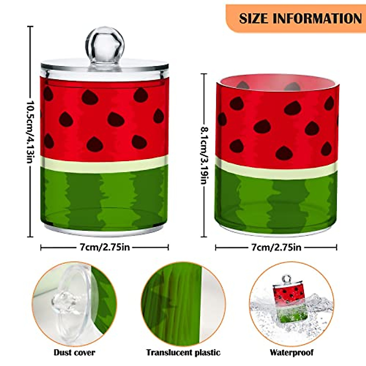 Red Watermelon Green Qtip Dispenser Apothecary Jars Bathroom Qtip Holder Storage Canister Plastic Jar 10 Oz for Cotton Ball Swab Round Pads Floss 4pcs