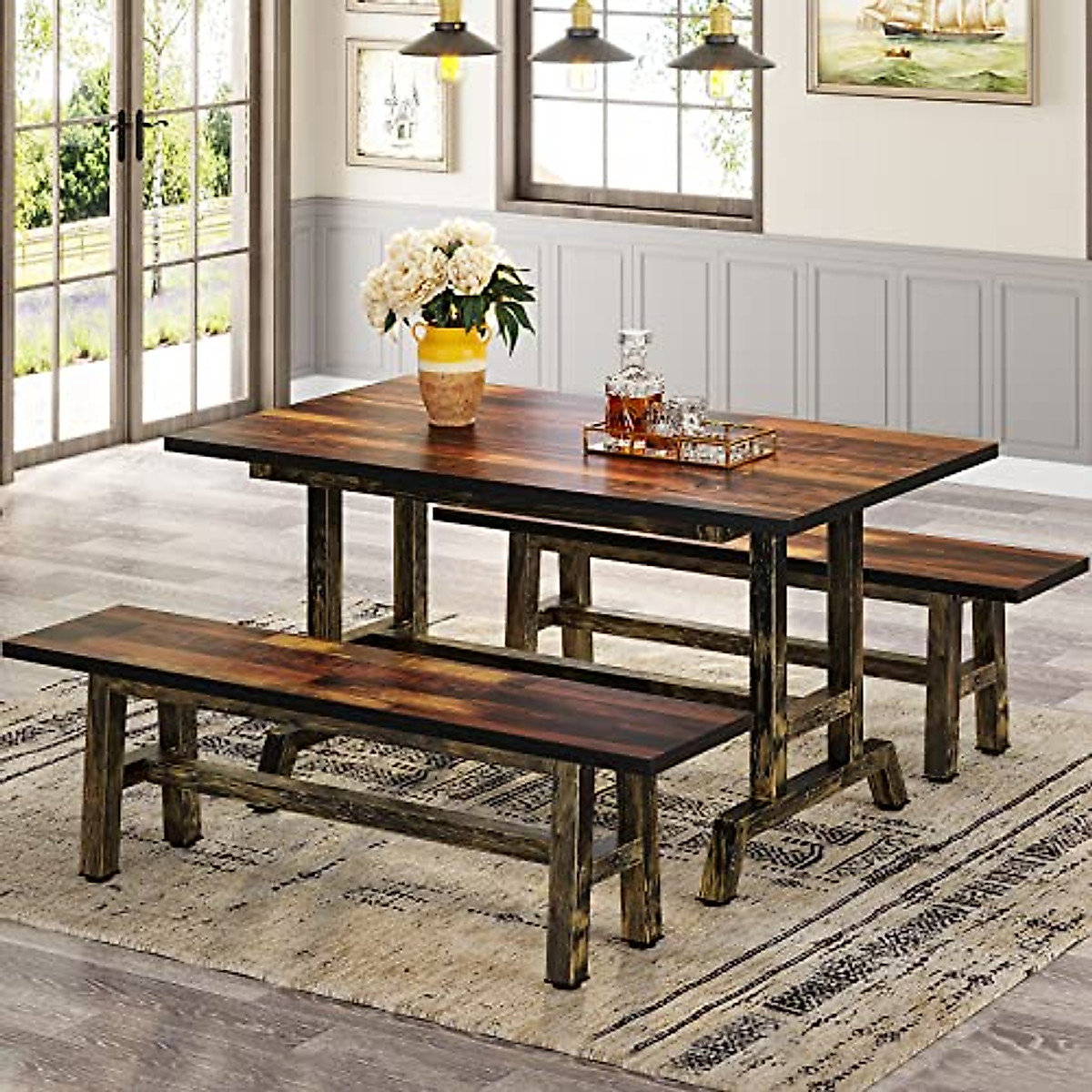 Tribesigns 47 Inch Dining Table Set for 4, 3-Piece Kitchen Table Set with 2 Benches, Industrial Dining Room Table with Metal Frame, Space-Saving Dinette for Dining Room Small Spaces, Brown