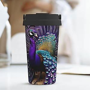 WANGXUEE Purple Peacock Print 500ml Stainless Steel Travel Tumbler Double Wall Vacuum Insulated Coffee Mug