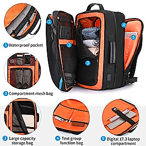 TANGCORLE Travel Carry on Backpack, Extra Large Expandable 45L Backpack for Flight approved, 17.3" Laptop with USB Charging Port Backpacks, Water Resistant Computer Business Backpack for Men & Women