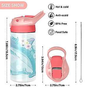 Blueangle Cute Dolphin Kids Water Bottle with Straw Lid, 12oz Stainless Steel Insulated Water Reusable Leak Proof Water Bottle for School（1）