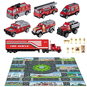 TEMI Diecast Emergency Fire Rescue Vehicle Toy Set w/Play Mat, Truck Carrier,Ambulance, Alloy Metal Fighting Car for 3 4 5 6 Years Old Toddlers Kids Boys and Girls