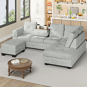 AWQM Modular Sectional Sofa with Ottoman, Fabric L-Shaped Couch with Chaise & Cup Holders, Living Room Furniture Sets Sectional Sofa Set, 6 Seat Corner Couch Sofa for Living Room, Apartment