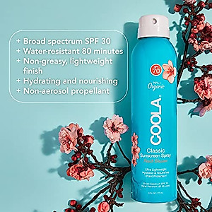 COOLA Organic Sunscreen SPF 70 Sunblock Spray, Dermatologist Tested Skin Care for Daily Protection, Vegan and Gluten Free, Peach Blossom, 6 Fl Oz