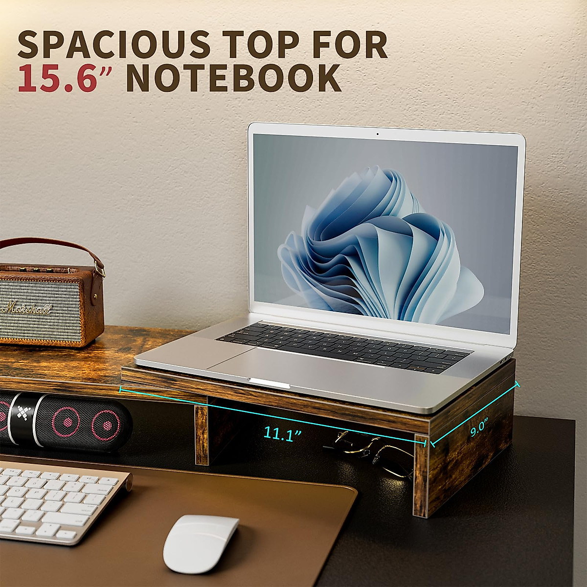 XBurmo Monitor Stand Riser, Dual Monitor Stand with slots for TV/PC/Laptop, Wood Computer Monitor Stand with adjustable Length and Angle, Rustic Brown