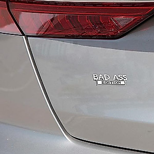 Crynod 1 PC Car Fender Badge Decal, 3.93" x 1.33" "Bad Ass Edition" Zinc Alloy Three-Dimensional Tailgate Front Grille Hood Decal, Retrofit Decorative Replacement, for Most Models (Silver & Black)