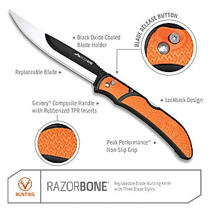 OUTDOOR EDGE RazorBone Replaceable Blade Folding Hunting Knife with Clip & Sheath. 3 Butcher Knife Blade Styles - Boning, Gutting, & Skinning Knives. Blaze Orange, Camo Sheath, 6 Blades & Blade Box
