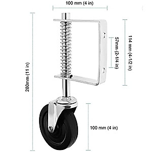 Gate Caster 4”and 5", Heavy Duty Gate Caster Wheel with Spring Loaded,Universal Mount Pate, 250-500 lbs Load Capacity, 4 and 5 Inches Rubber Wheel(Two PCS OR ONE PCS) (4 inch Without Brake, 1 pcs)