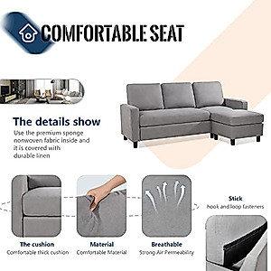 JY QAQA Convertible Sectional Sofa Couch,78’’ L-Shaped Couch with Modern Linen Fabric 3-Seat Wide Reversible Chaise for Small Space(Light Grey)