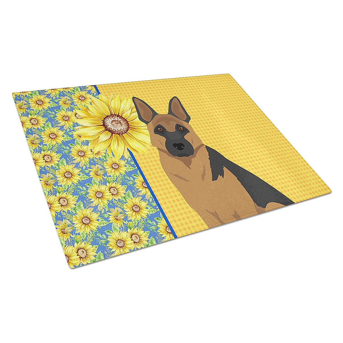 Caroline's Treasures WDK5422LCB Summer Sunflowers Black and Tan German Shepherd Glass Cutting Board Large Decorative Tempered Glass Kitchen Cutting and Serving Board Large Size Chopping Board