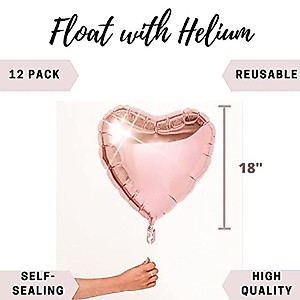 Rose Gold Heart Balloons - PACK of 12 - Premium Mylar Foil Heart Shaped Balloons for Valentine's Day Decor
